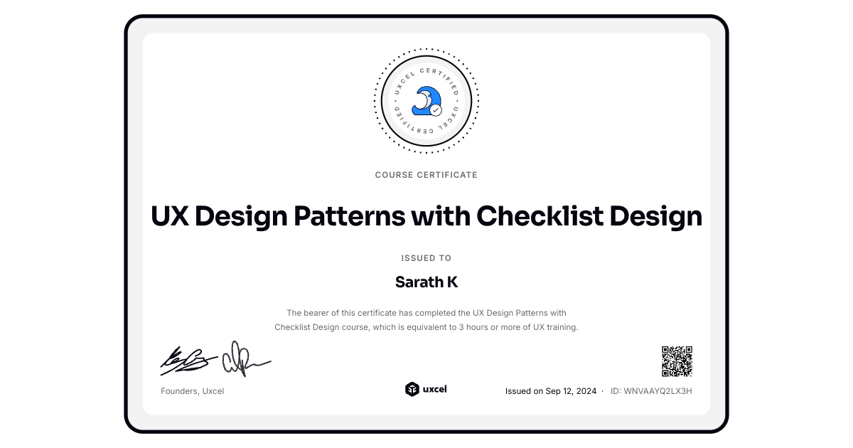 Certificate of completion for UX Design Patterns with Checklist Design | Uxcel